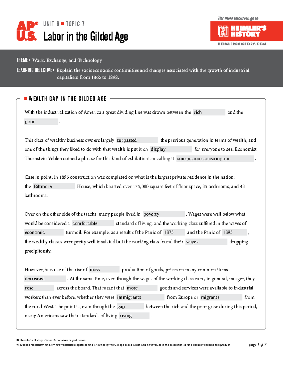 AP US Unit 6 Topic 7 Labor in the Gilded Age Noteguides - Studocu