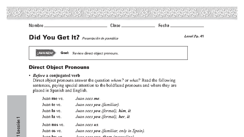 AVANZA! Level 2 Unidad 1 Lección 1: Direct Object Pronouns Review - Studocu
