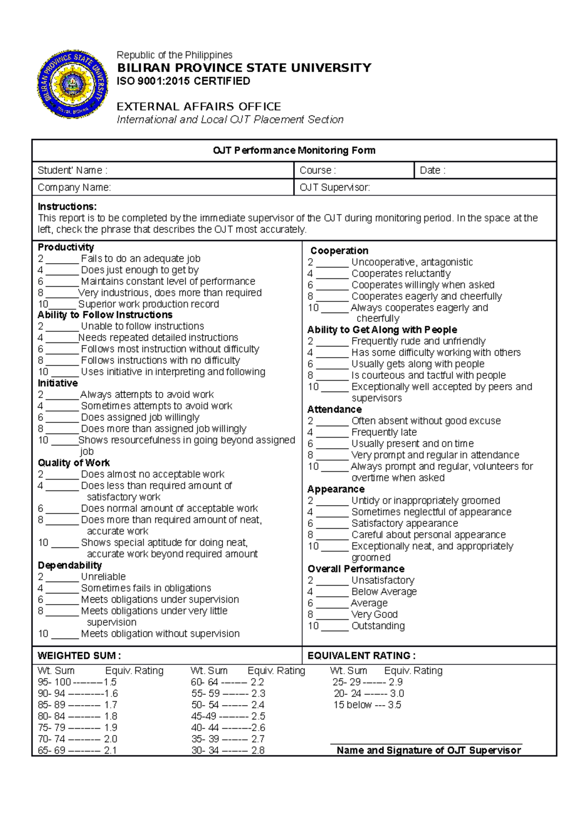 OJT Performance Monitoring & Evaluation Form - Biliran State University ...