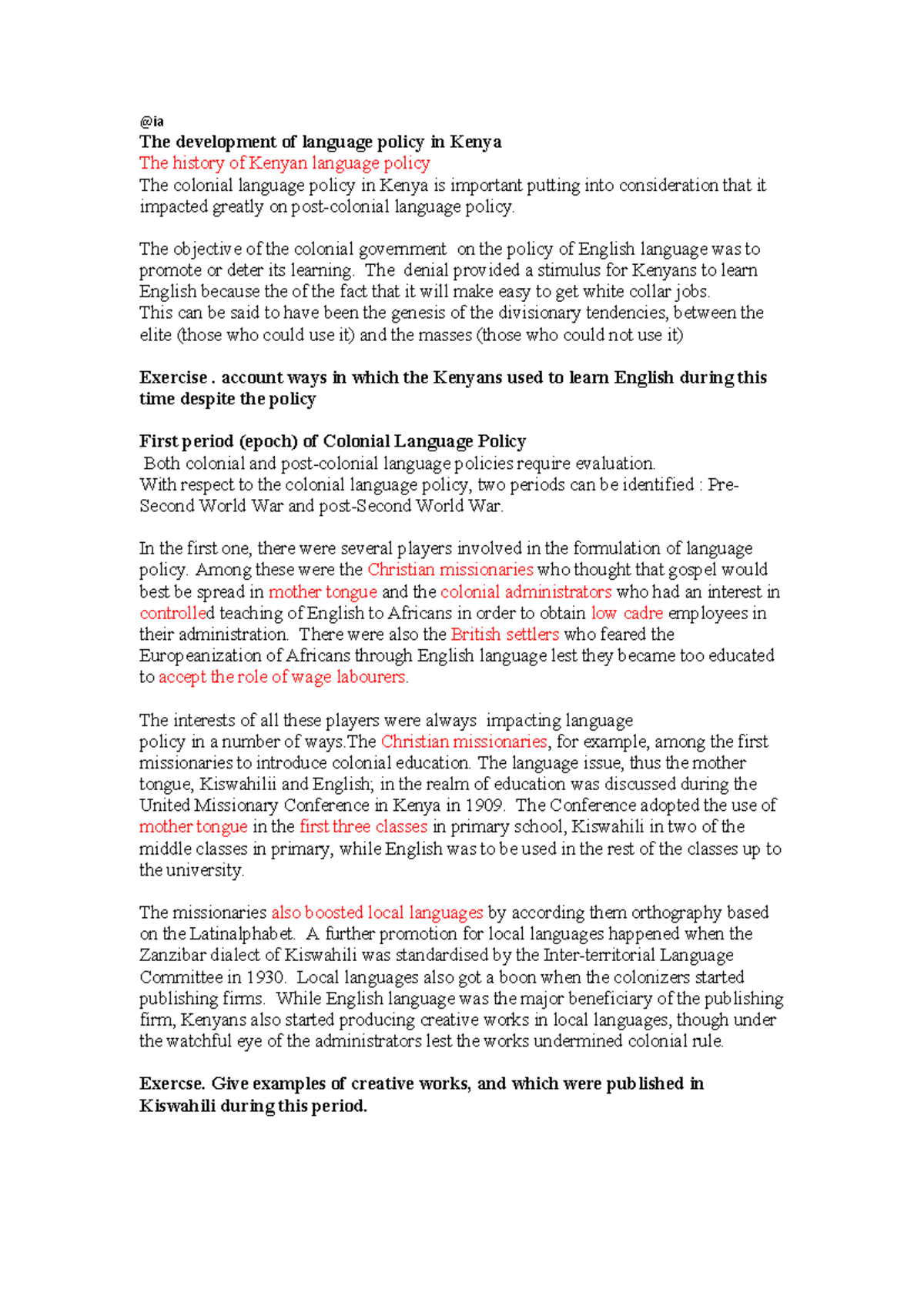 AEN 2211 Topic 3: The Evolution of Language Policy in Kenya - Studocu