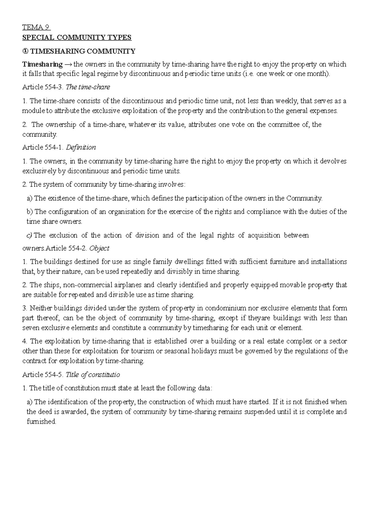 TEMA 9 - TEMA 9 - TEMA 9 SPECIAL COMMUNITY TYPES ① TIMESHARING ...