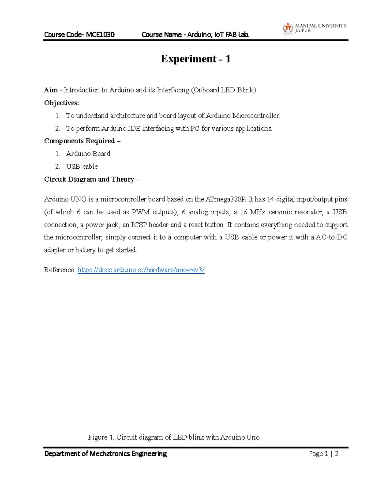 MCE1030 Arduino IoT FAB Lab: Experiment 1 - Onboard LED Blink - Studocu