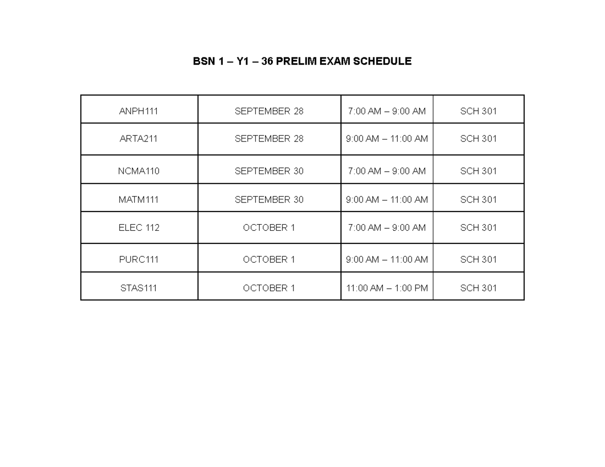 BSN Y1 Prelim Exam Schedule & Guidelines: ANPH111, ARTA211, NCMA110 ...