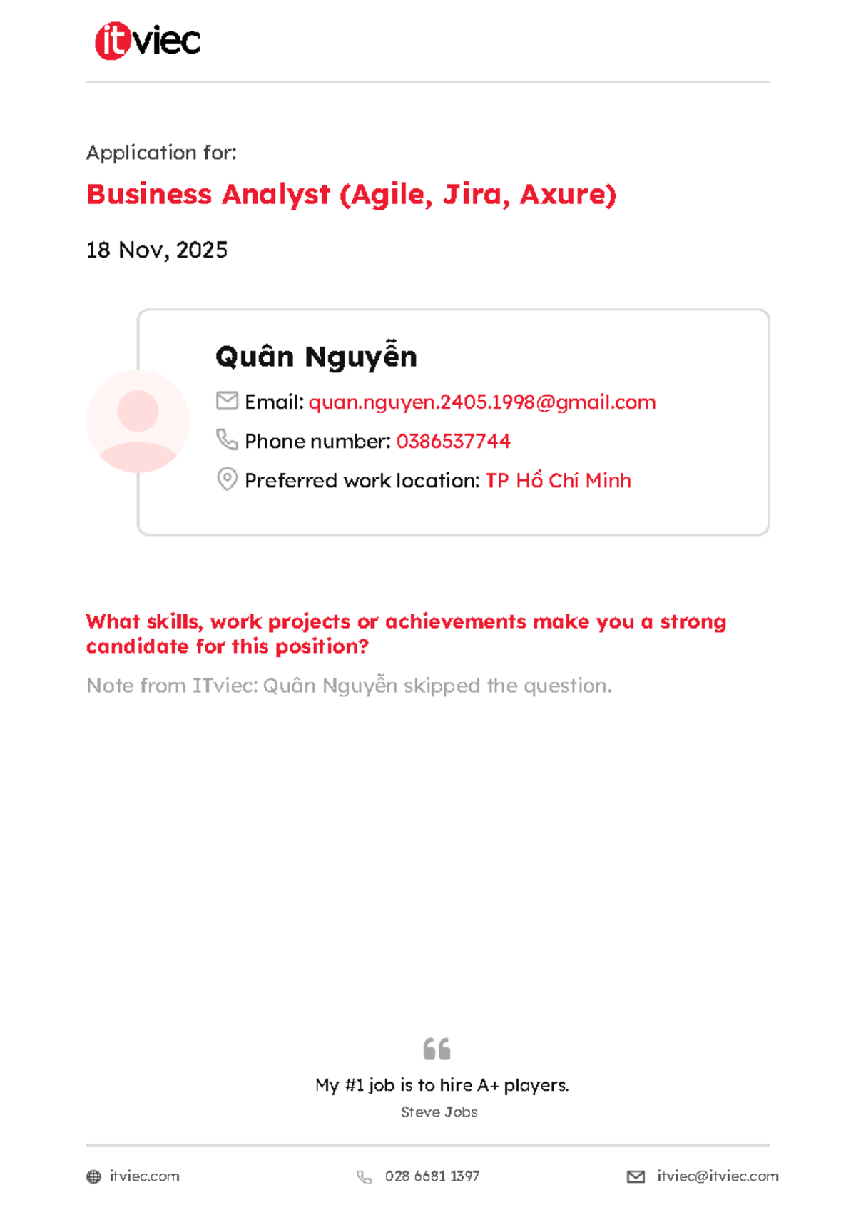 ITviec CV: Business Analyst Application (Agile, Jira, Axure) - Studocu