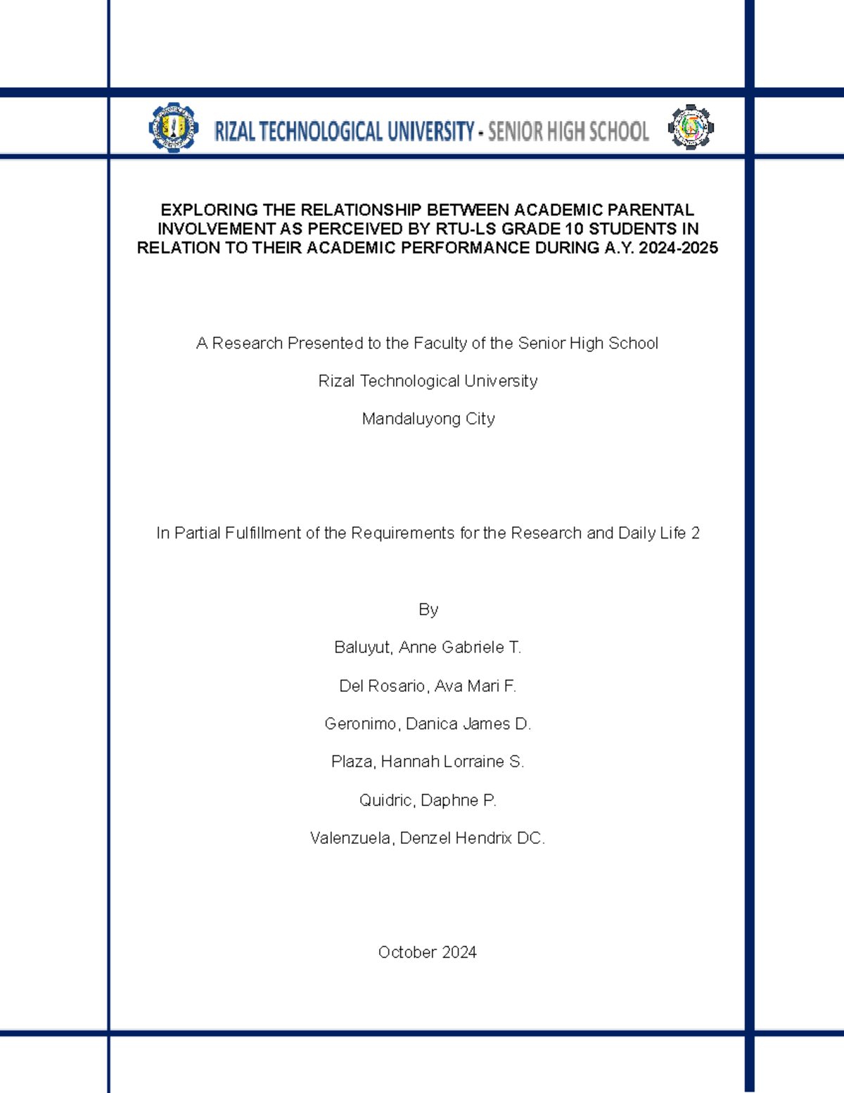 Exploring Academic Parental Involvement and Performance of Grade 10 ...
