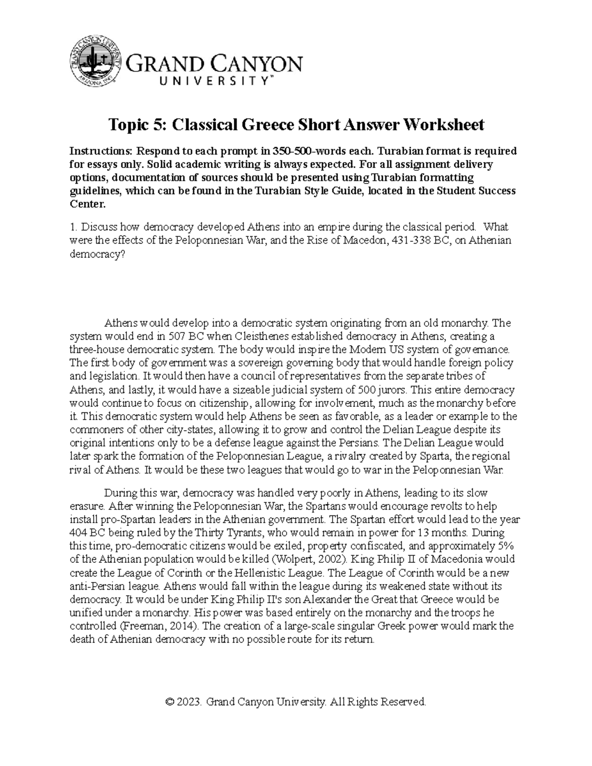 HIS-325 T5 Classical Greece Short Answer Worksheet Analysis - Studocu