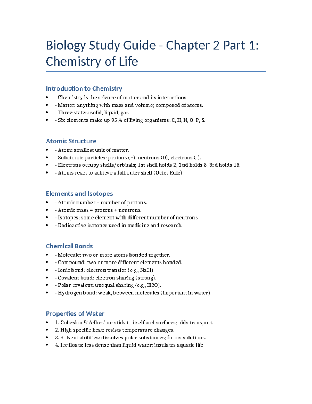Biology Study Guide (BIO101): Chapter 2 - Chemistry of Life Overview ...