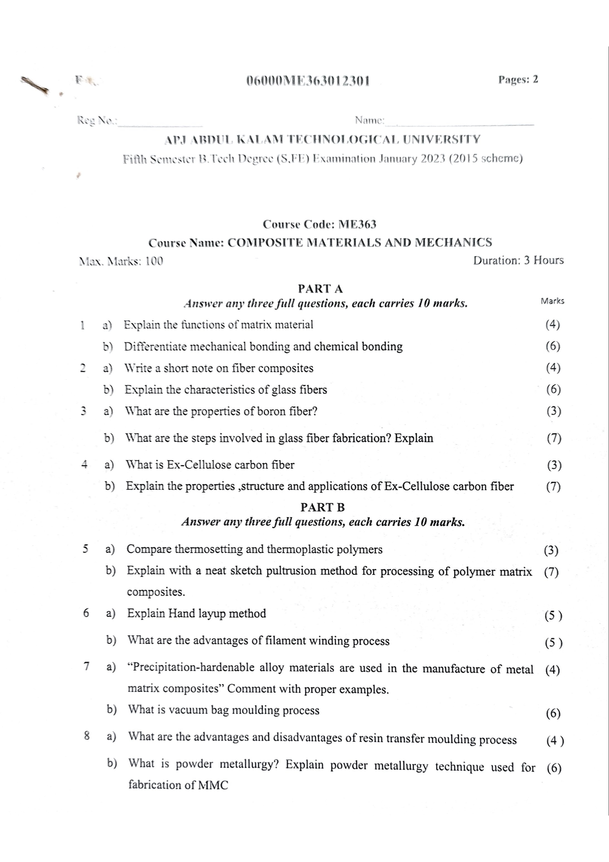 MET 416 Composite Materials - Previous Year Question Paper (KTU 2019) - Studocu