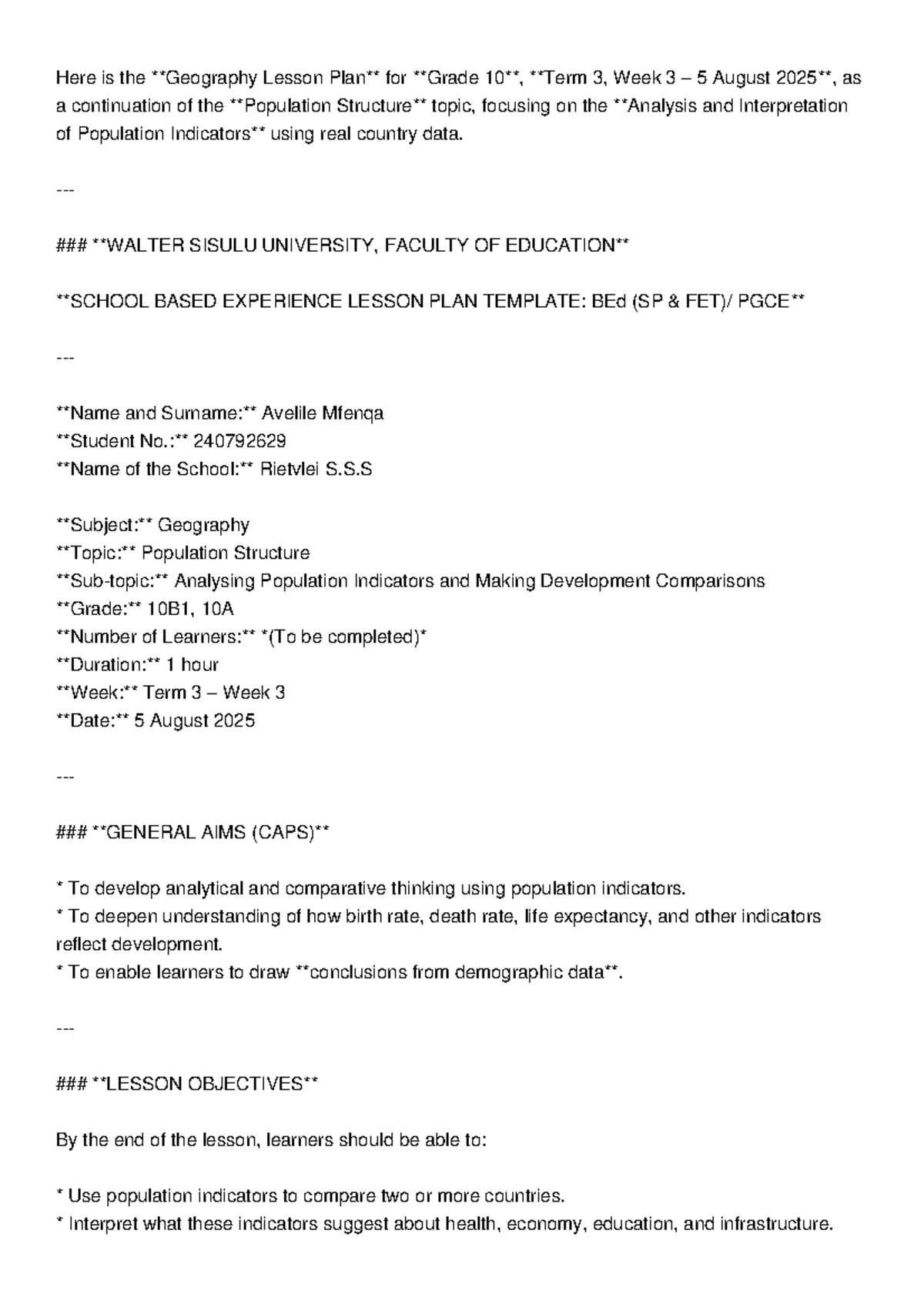 BEd Geography Lesson Plan: Population Structure & Indicators (Week 3 ...