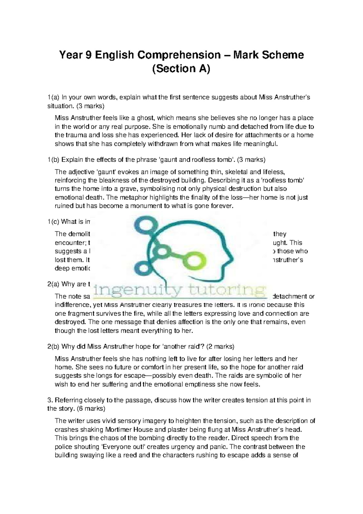Year 9 English Comprehension Mark Scheme: Analysis & Insights - Studocu