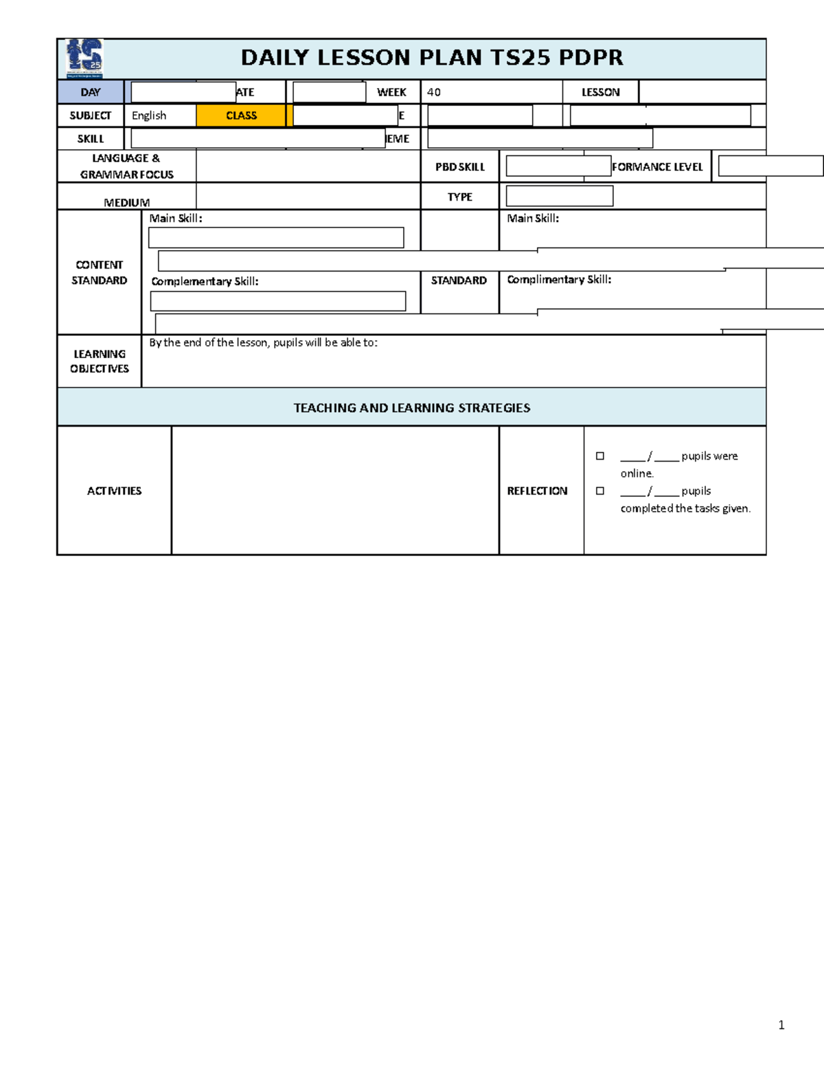 Lesson Plan Form 2: English Class TS25 PDPR - Week 40 - Studocu