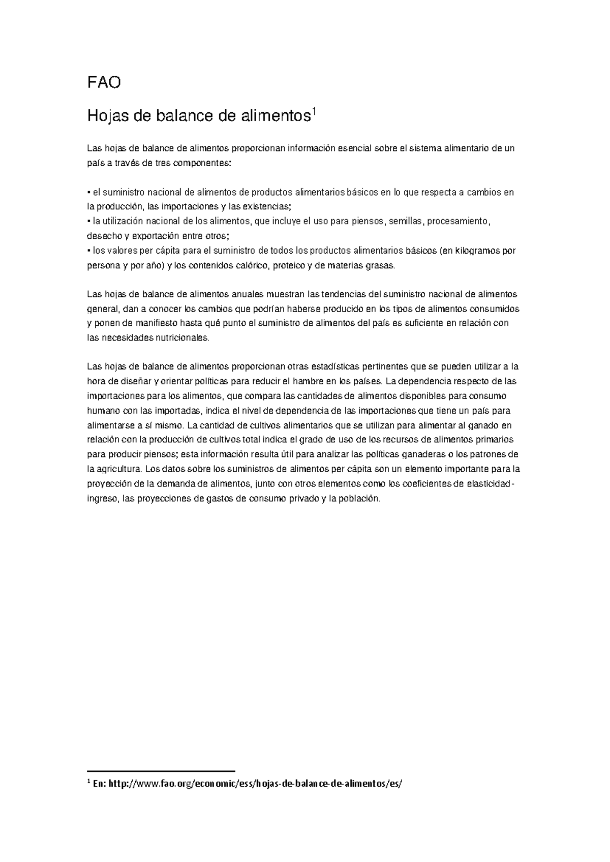 FAO: Hojas de Balance de Alimentos y su Importancia Nutricional - Studocu