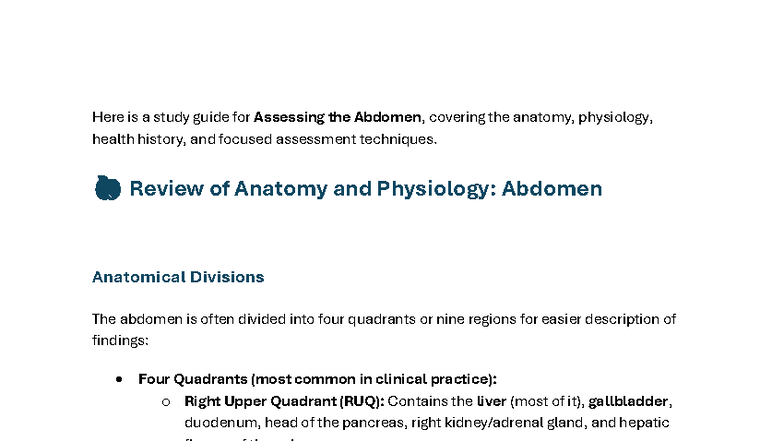 Here is a study guide for Assessing the Abdomen - 🍎 Review of Anatomy ...