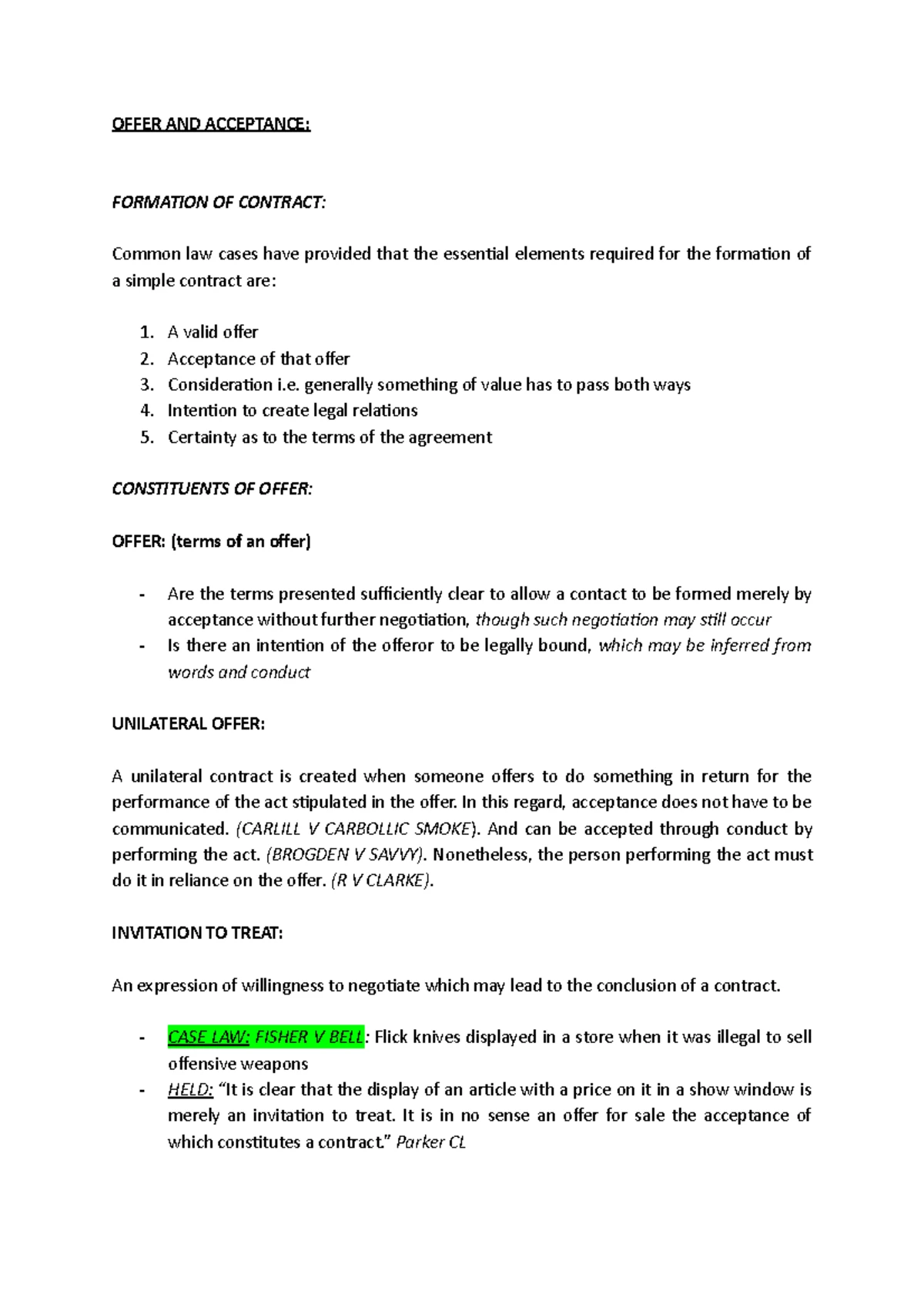 BFT 204 Exam Cheat Sheet: Key Concepts in Contract Law - Studocu