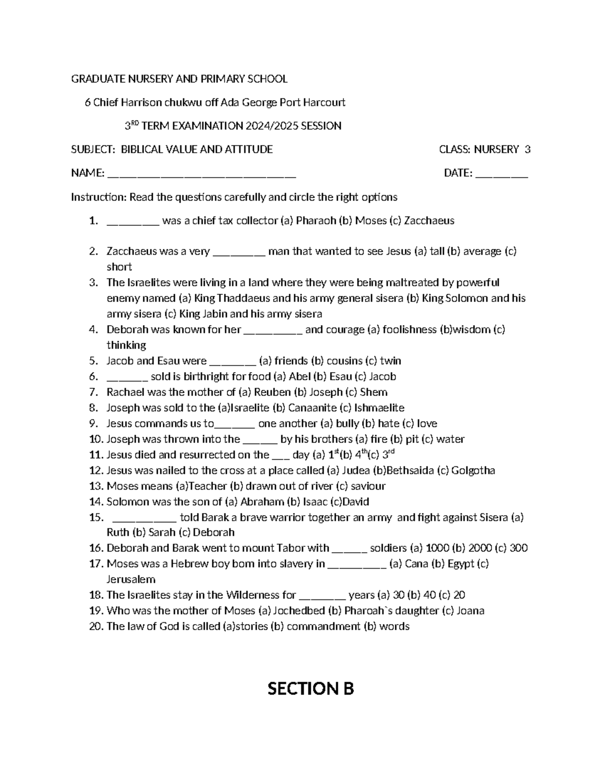 Nursery 3 Biblical Values & Attitudes 3rd Term Exam - BVA - Studocu