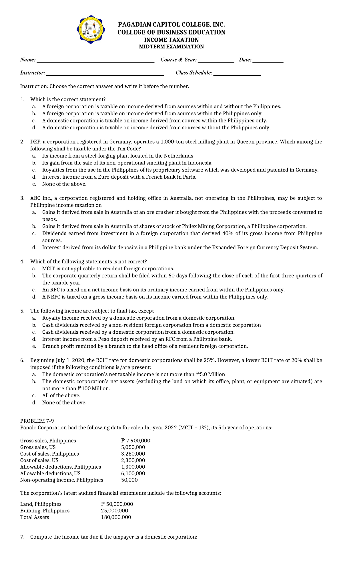 Midterm Exam Notes for Income Taxation (B-122) - Studocu