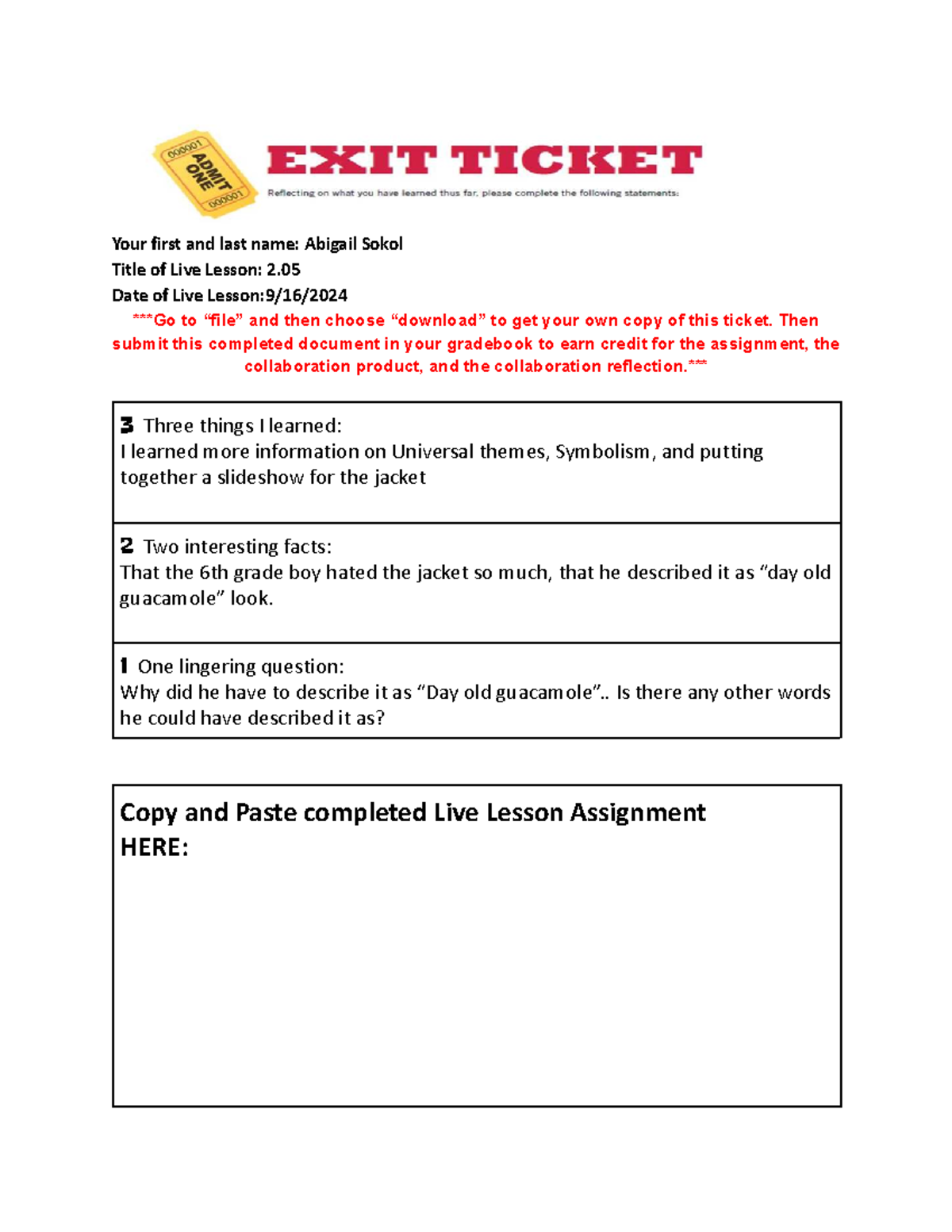 English II Live Lesson Exit Ticket 2.05 by Abigail Sokol - Studocu