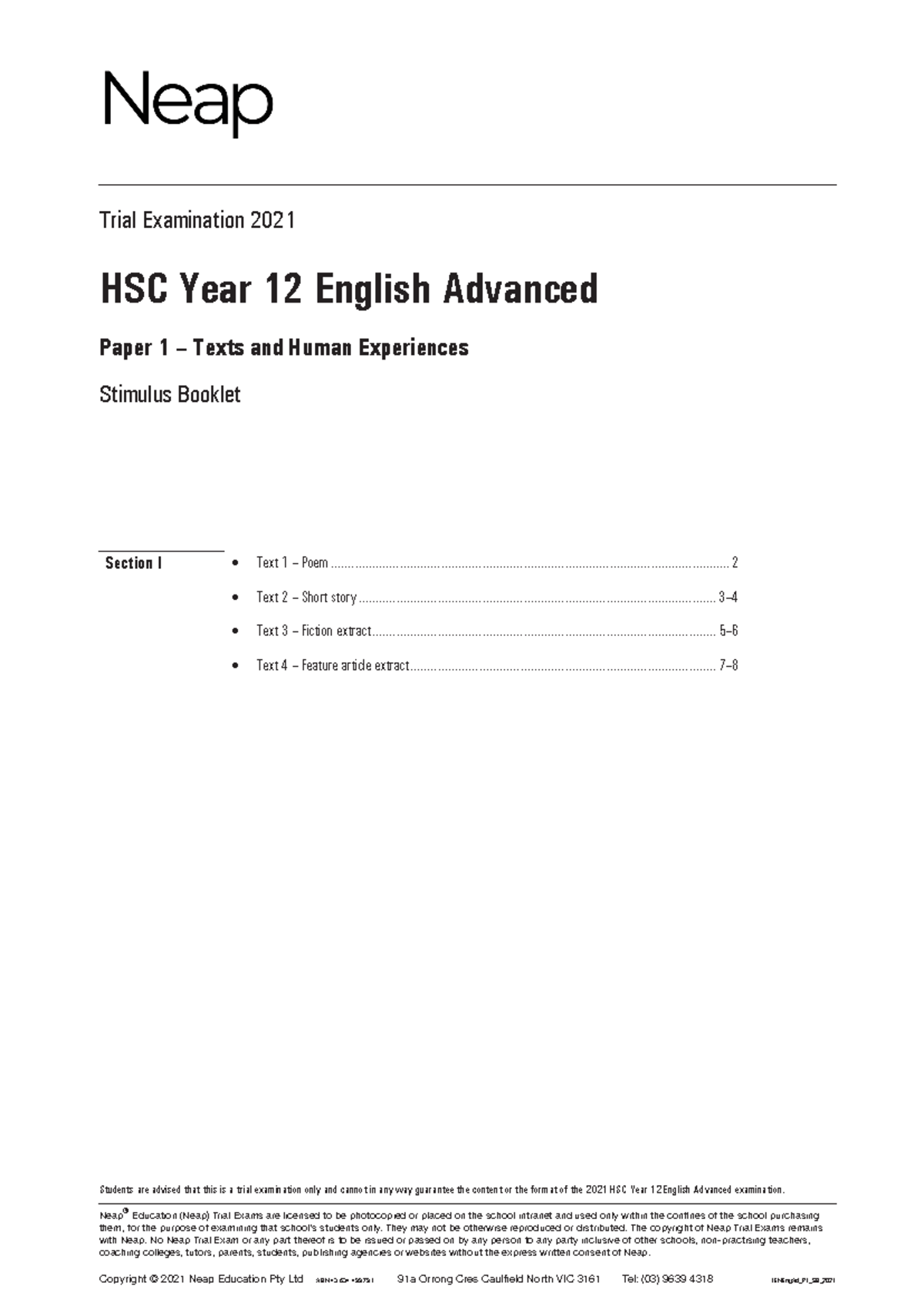HSC Eng Adv Year 12 Trial Exam 2021: Paper 1 Stimulus Booklet - Studocu