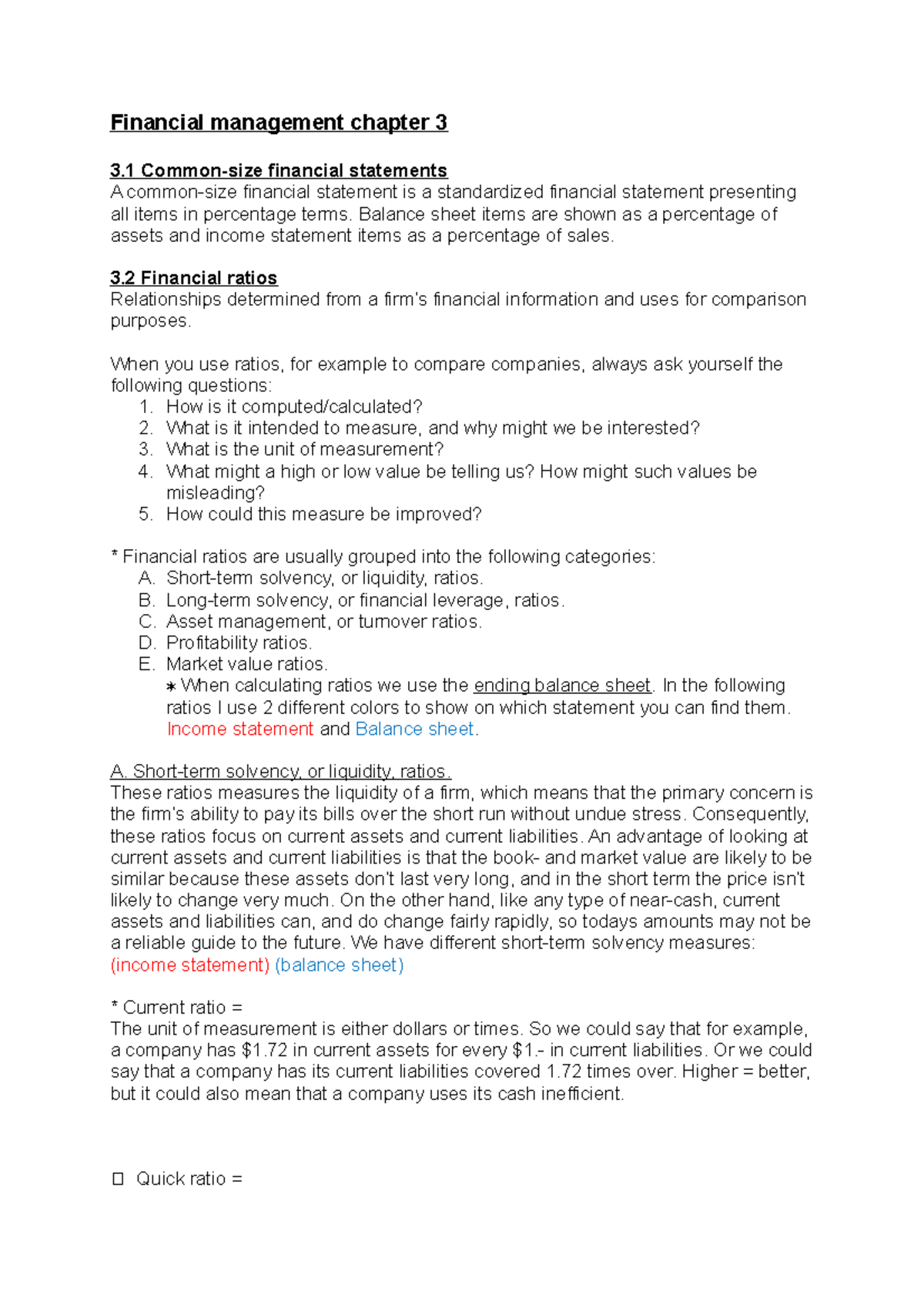 Financial Management Chapter 3: Common-Size Statements & Ratios ...