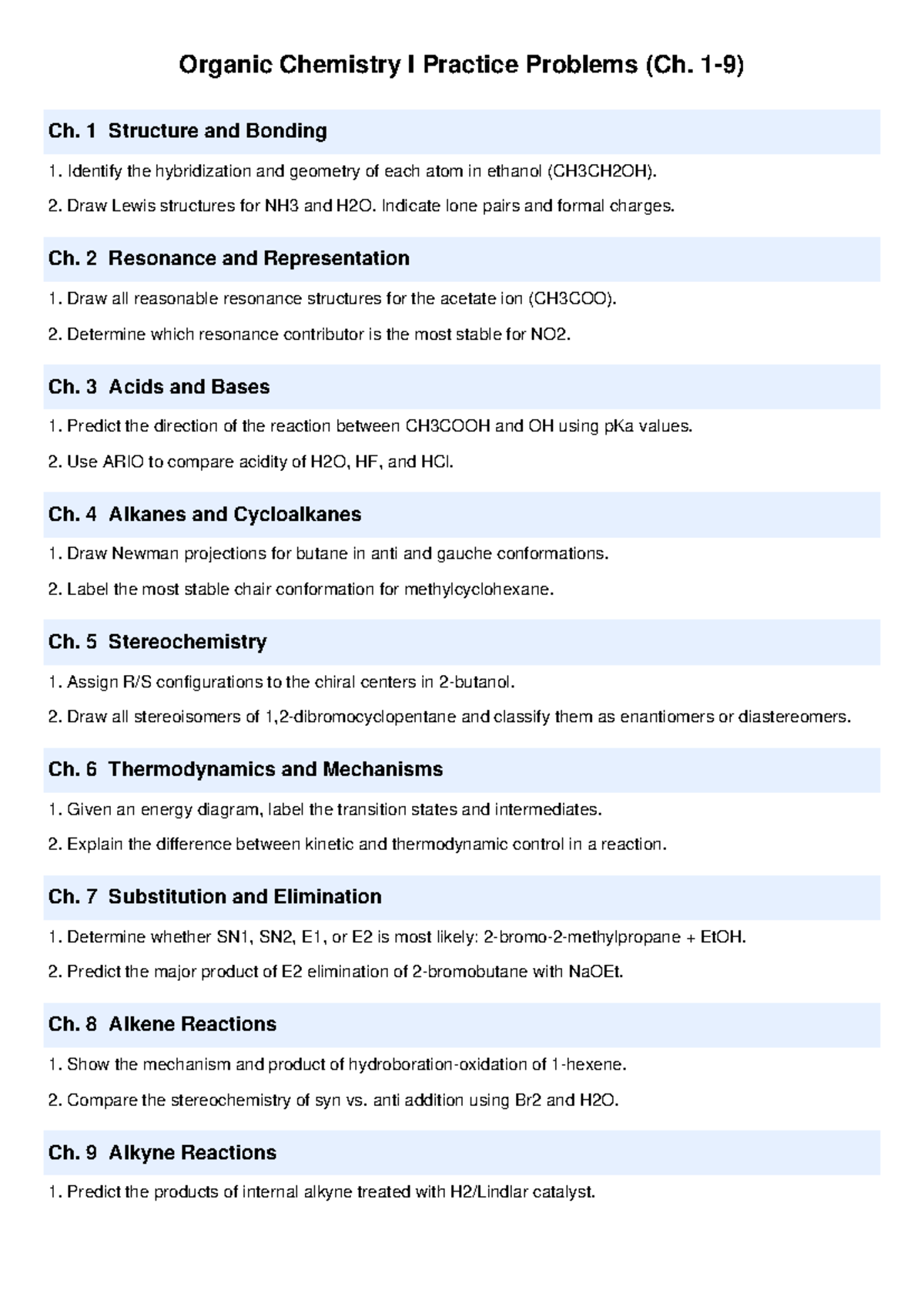 Organic Chemistry I Practice Problems: Ch. 1-9 Overview and Solutions ...