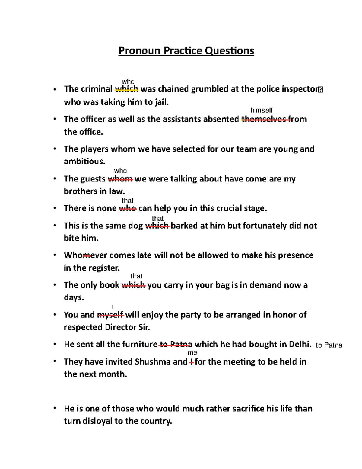 Pronoun Practice Questions: Exercises and Examples - Studocu