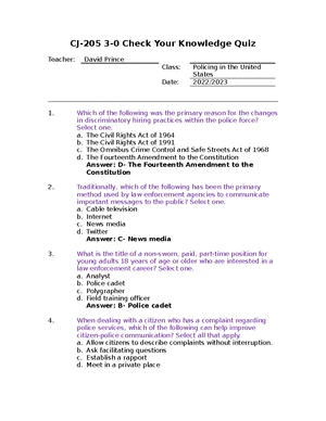 CJ 205 6-3 Quiz - Quiz for all of Module 6 - CJ-205 6-3 Module Six Quiz Teacher: David Prince ...