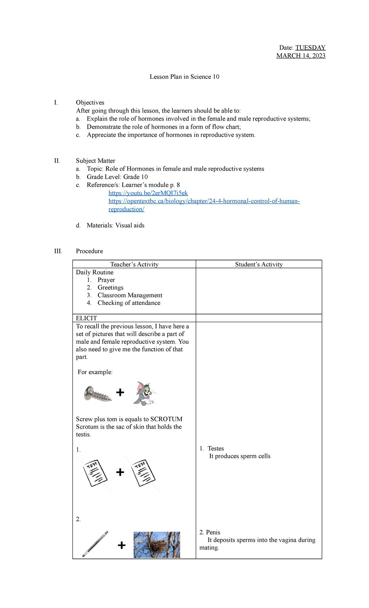 Role of Hormones - Science 10 Lesson Plan for Reproductive Systems ...