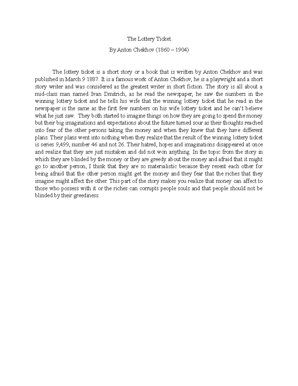 The Lottery Ticket - English - The Lottery Ticket By Anton Chekhov ...