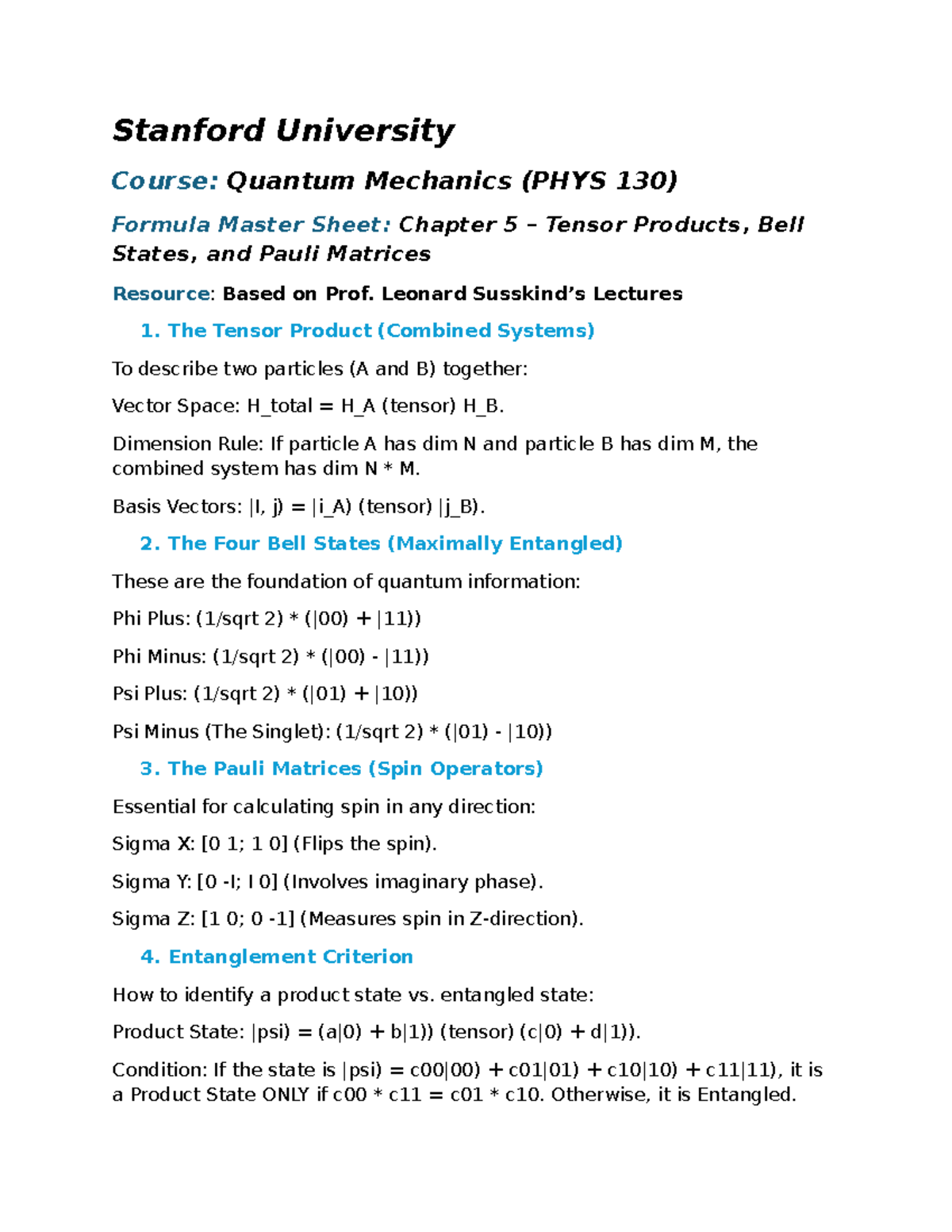 PHYS 130 Final Exam Formula Sheet: Ch 5 Tensor Products & Bell States ...