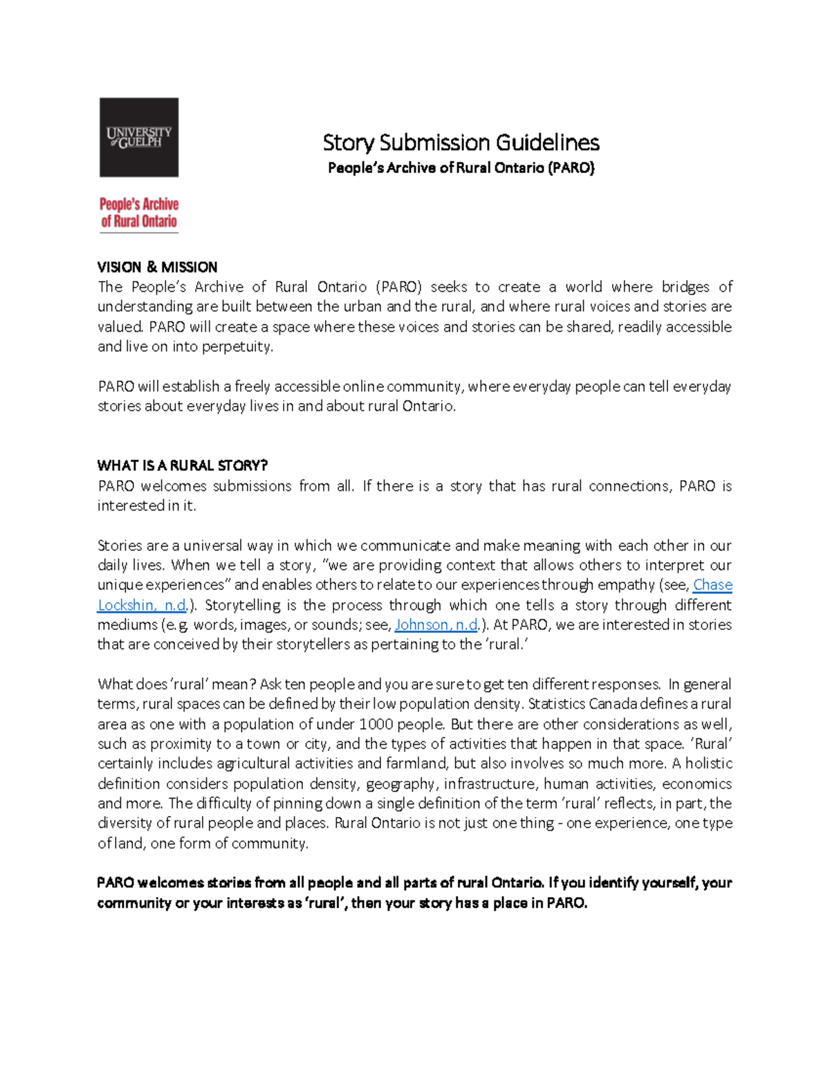 PARO Story Submission Guidelines: Vision & Rural Storytelling - Studocu