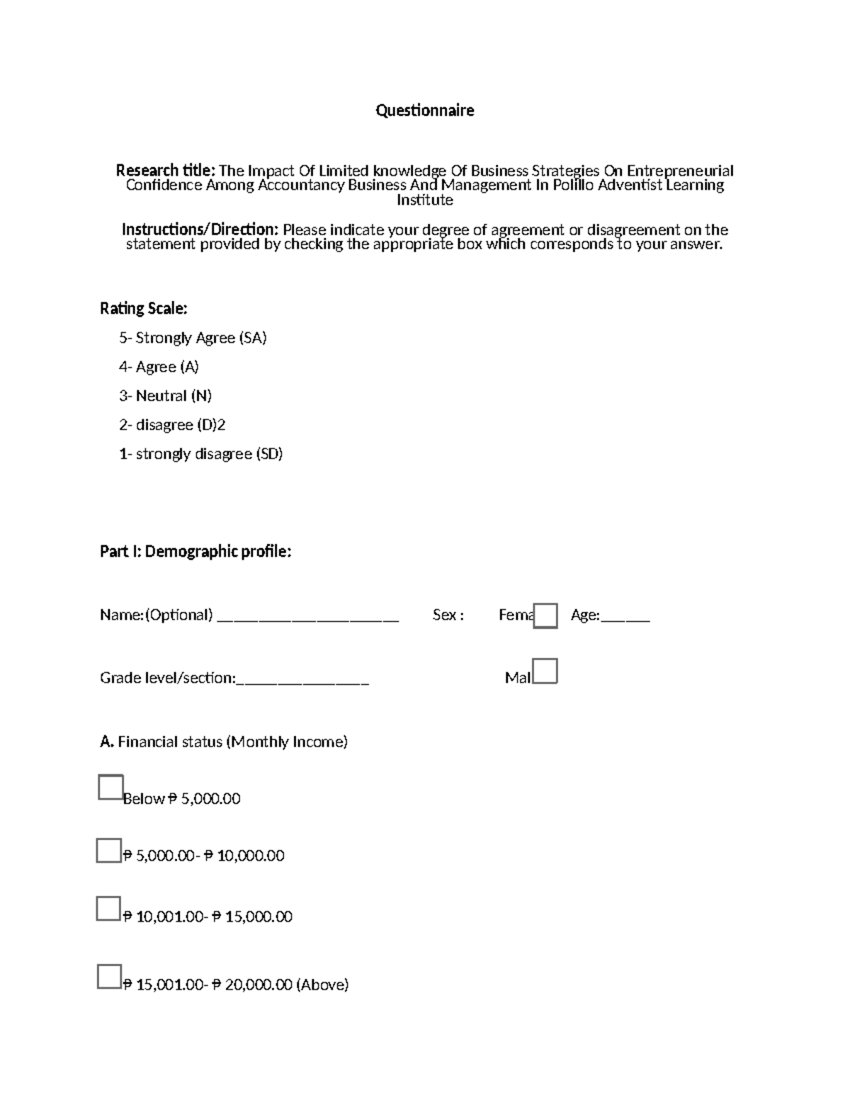 Questionnaire on Business Strategies & Entrepreneurial Confidence (ABM ...