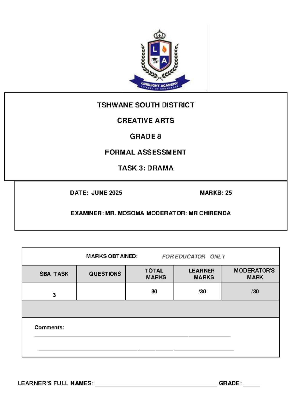 G8 Creative Arts Drama Term 3 Formal Assessment Task 3 - Studocu