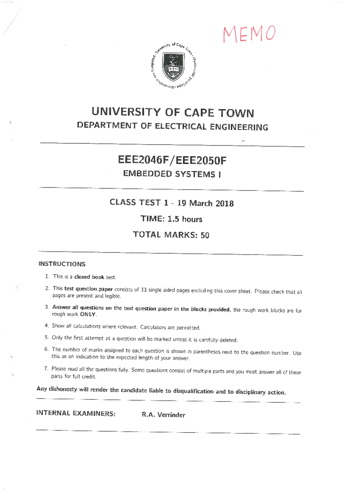 CT1 memo 2018 - Practice paper - MEMO of University Cape Town ...