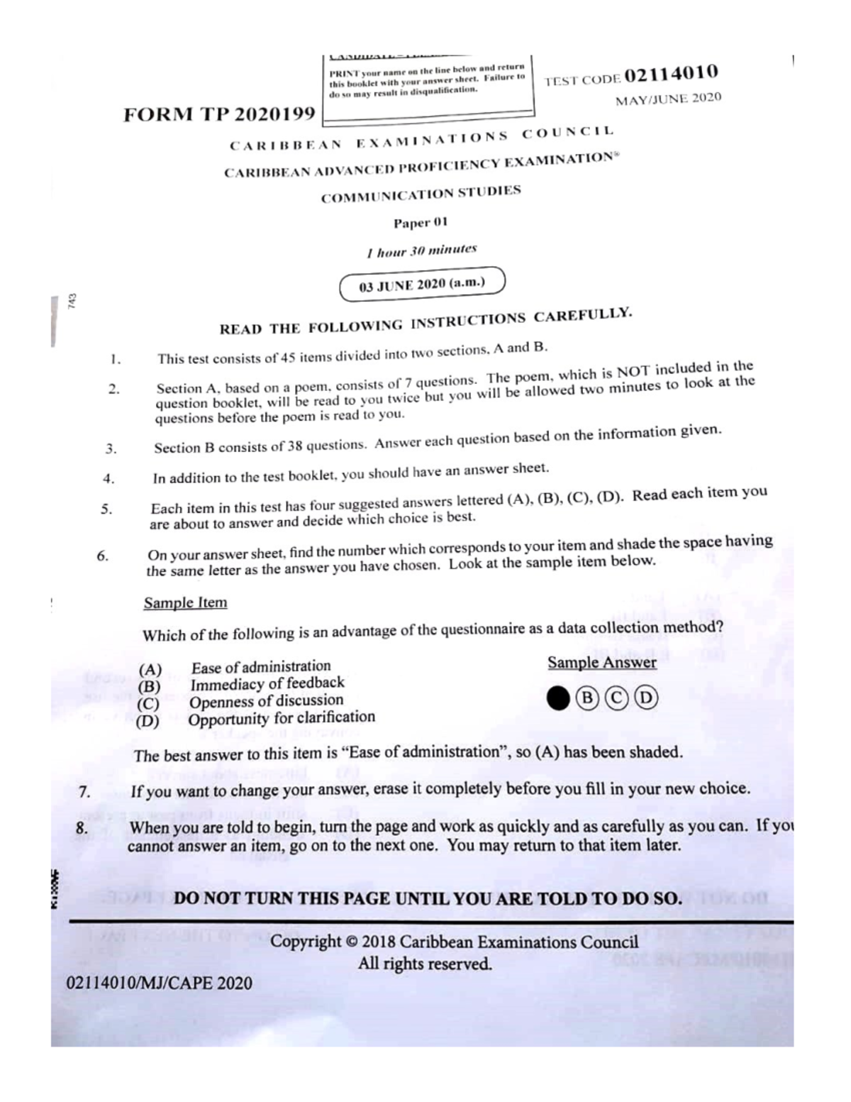 CAPE Communication Studies 2020 Paper 01 Instructions and Questions ...