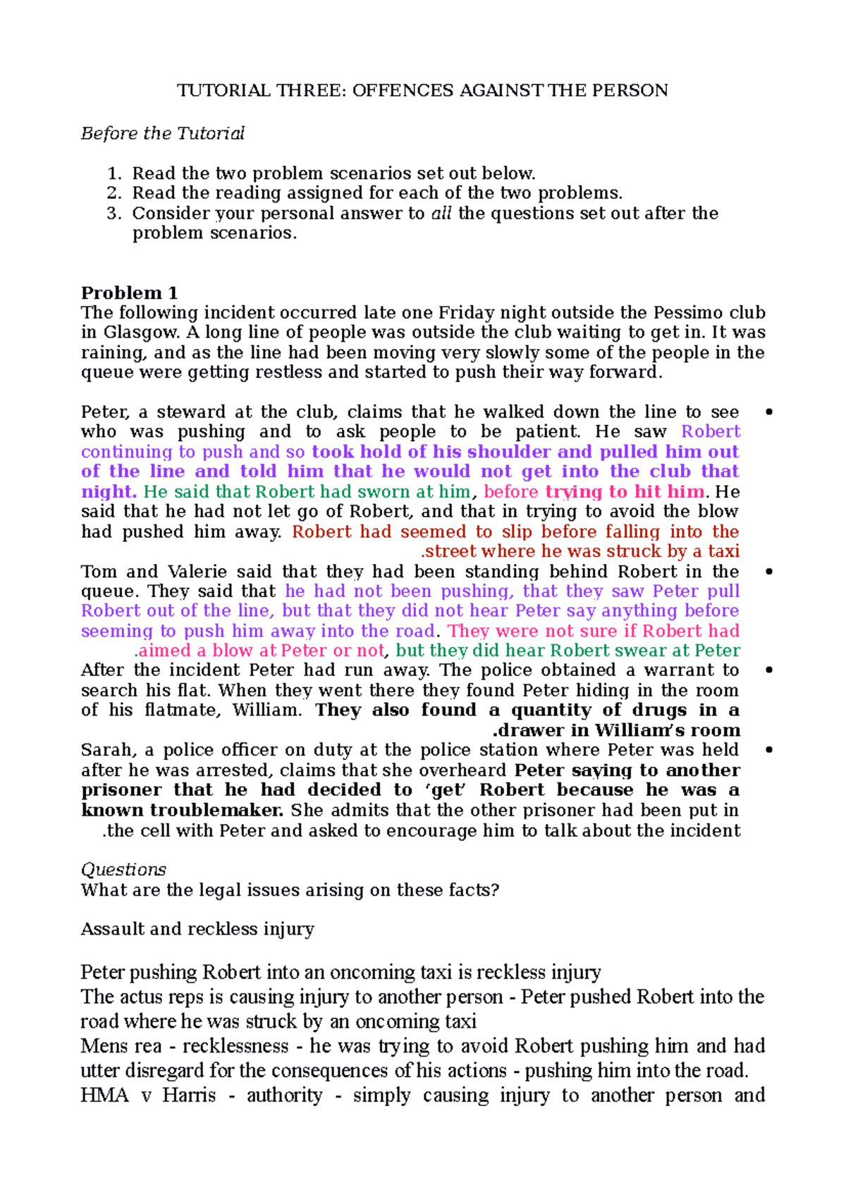 Criminal Law Tutorial 3: Offences Against the Person Notes - Studocu