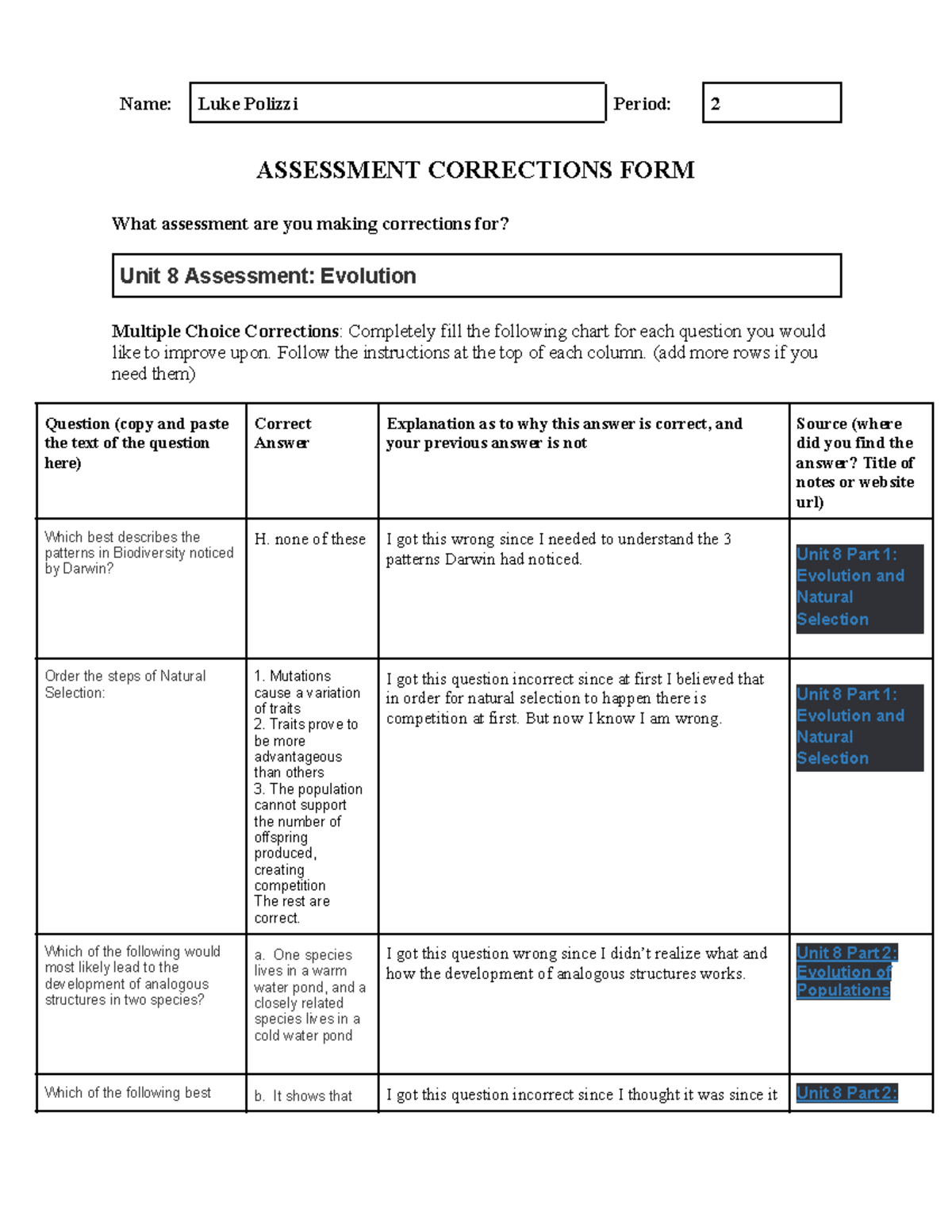 Unit 8 Assessment Corrections: Evolution MCQ Review - Studocu