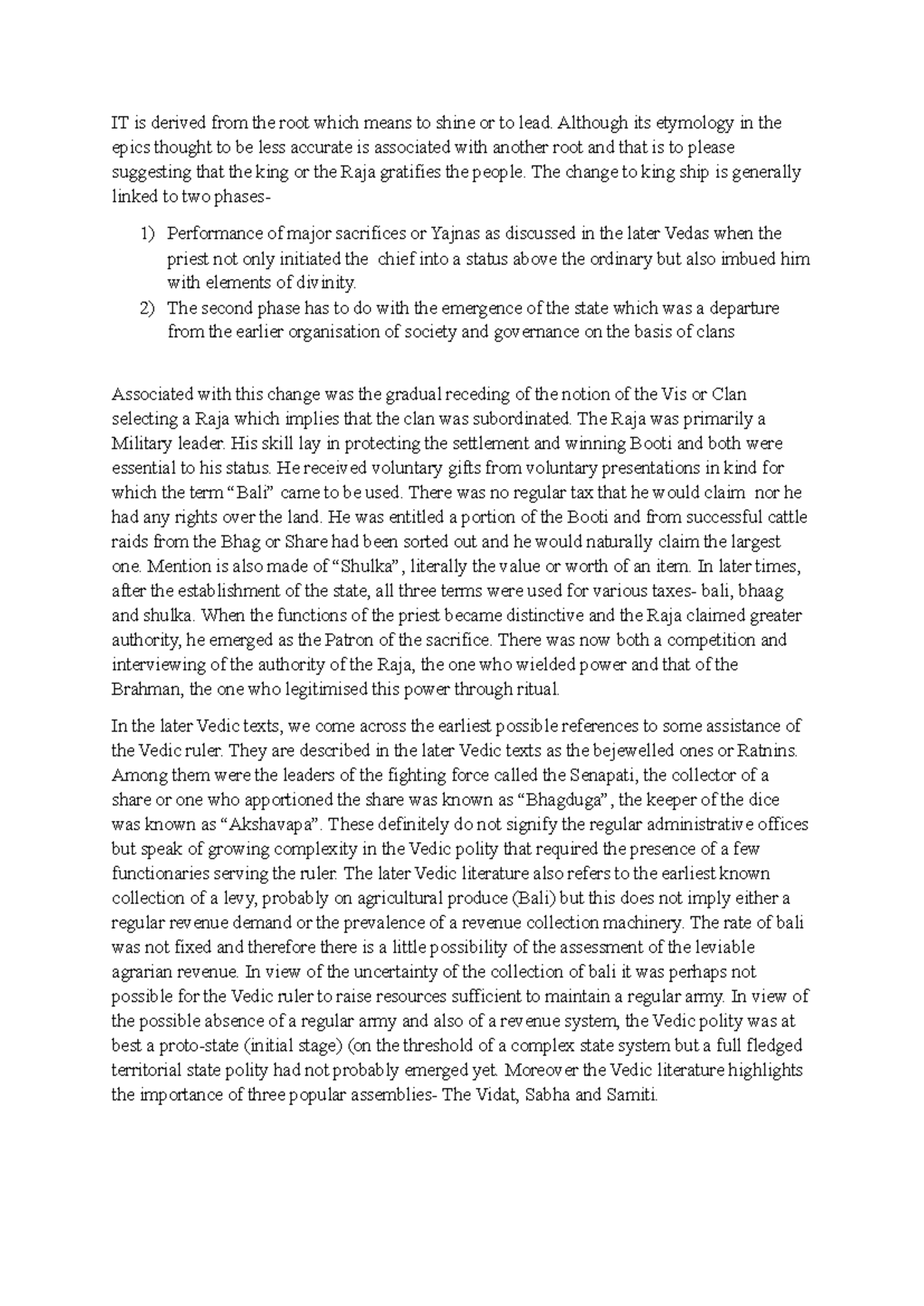 History 1 - Vedic Polity and the Emergence of Kingship - Studocu