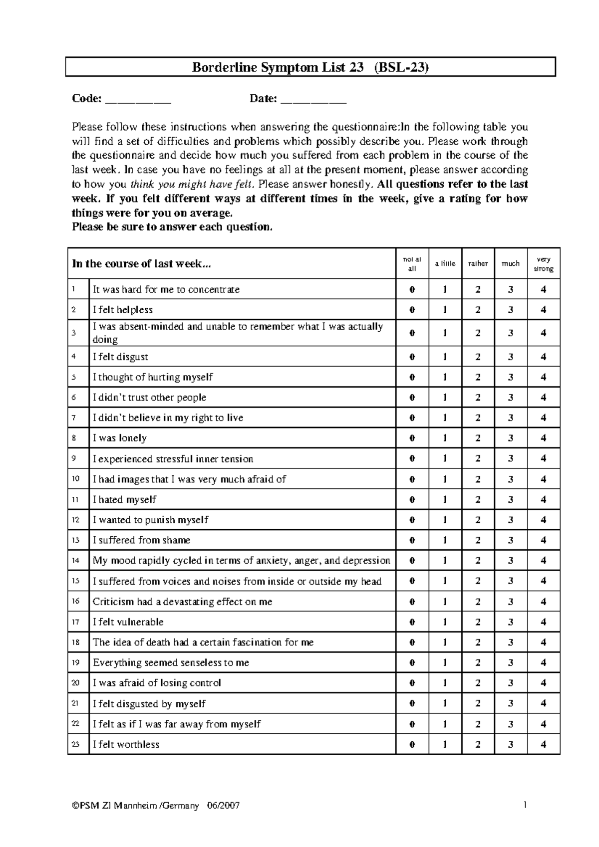 Borderline Symptom List (BSL-23) Questionnaire Instructions - Studocu