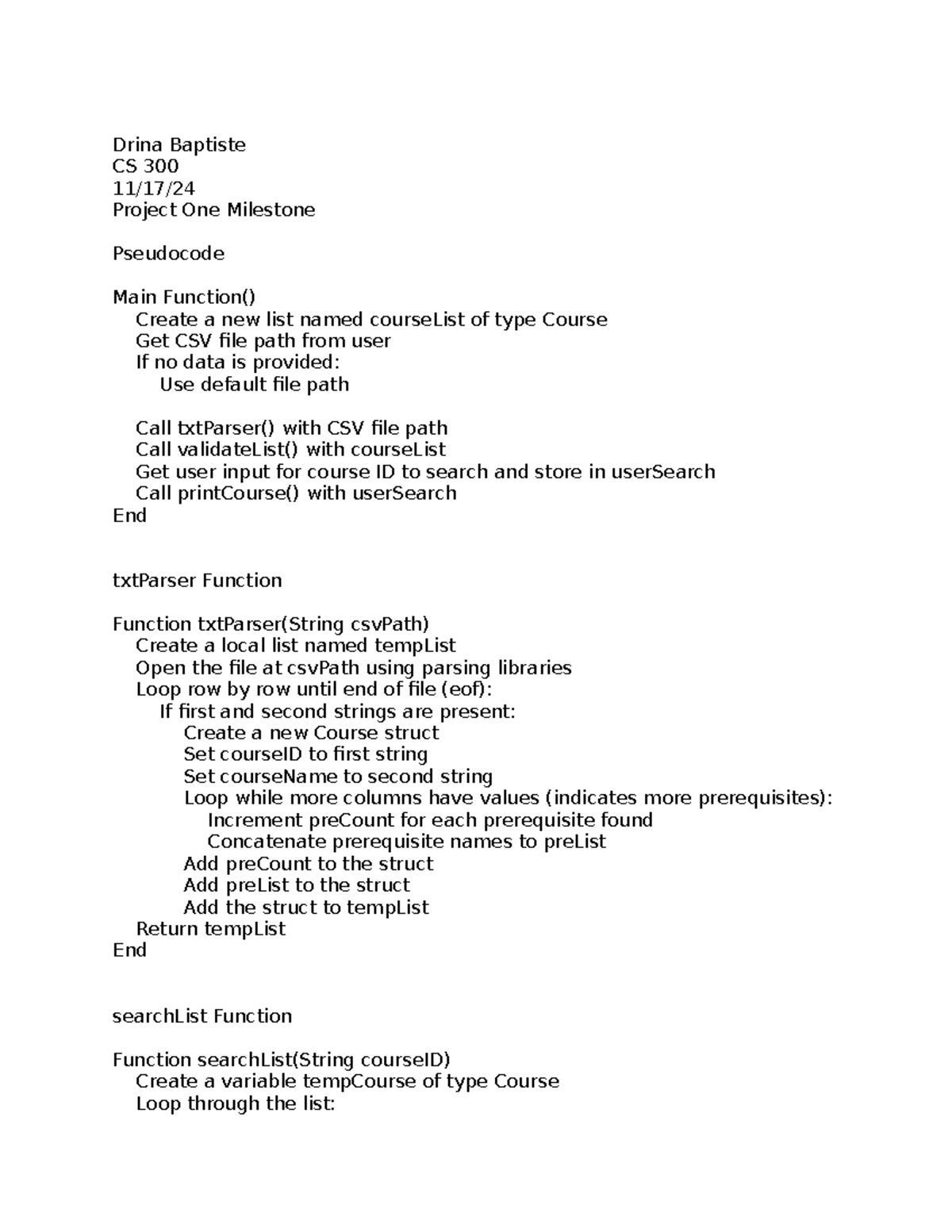 CS 300 Project One Milestone 1: Pseudocode Overview - Studocu