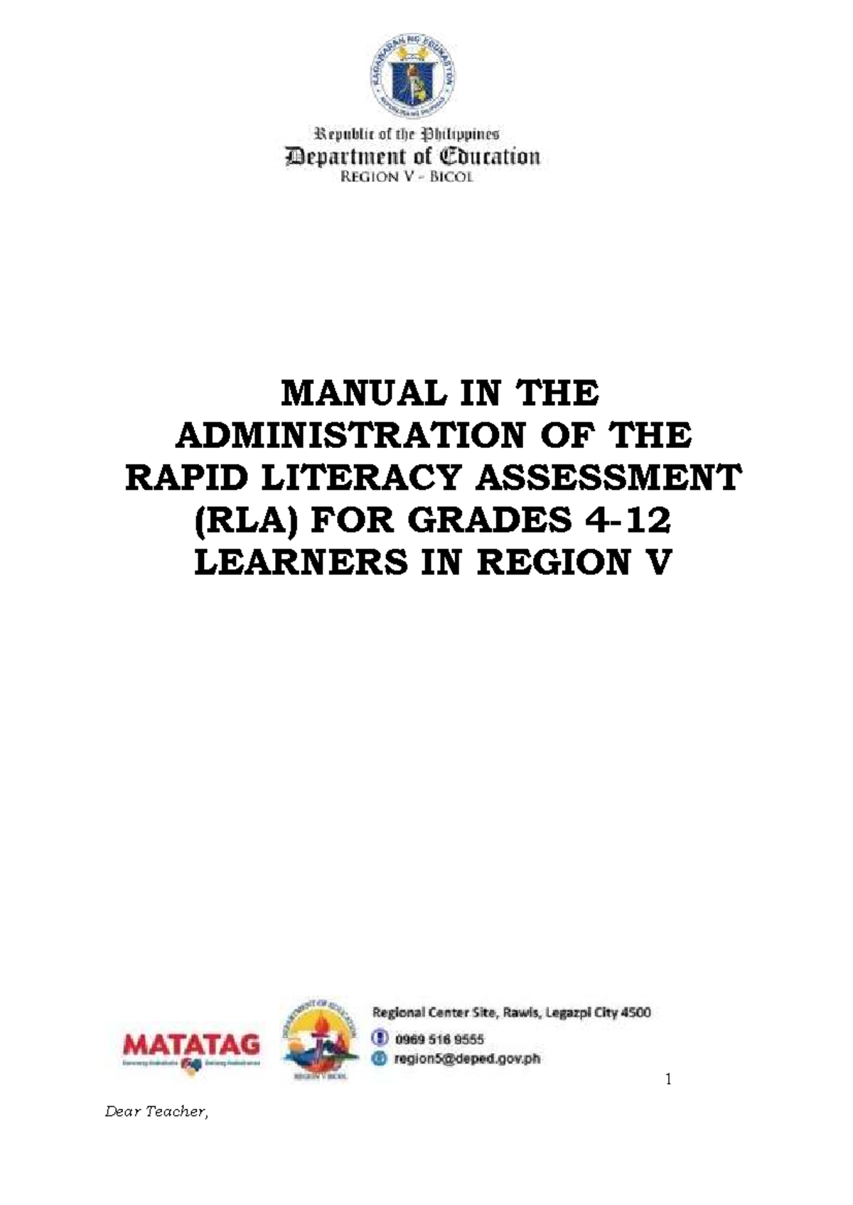 RLA Manual for Administering Rapid Literacy Assessment in Region V ...