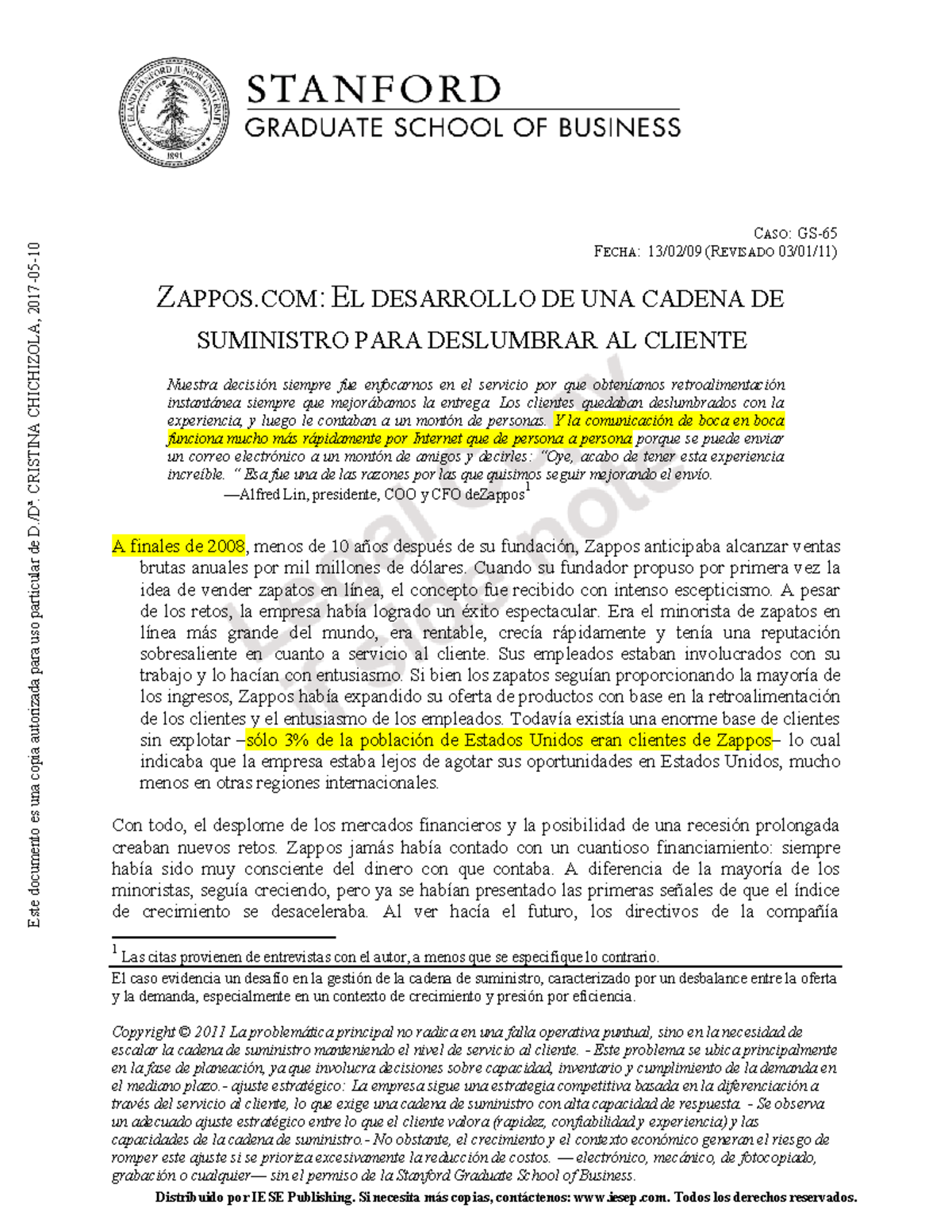 CASO Zappos: Desarrollo de una Cadena de Suministro Excepcional - Studocu
