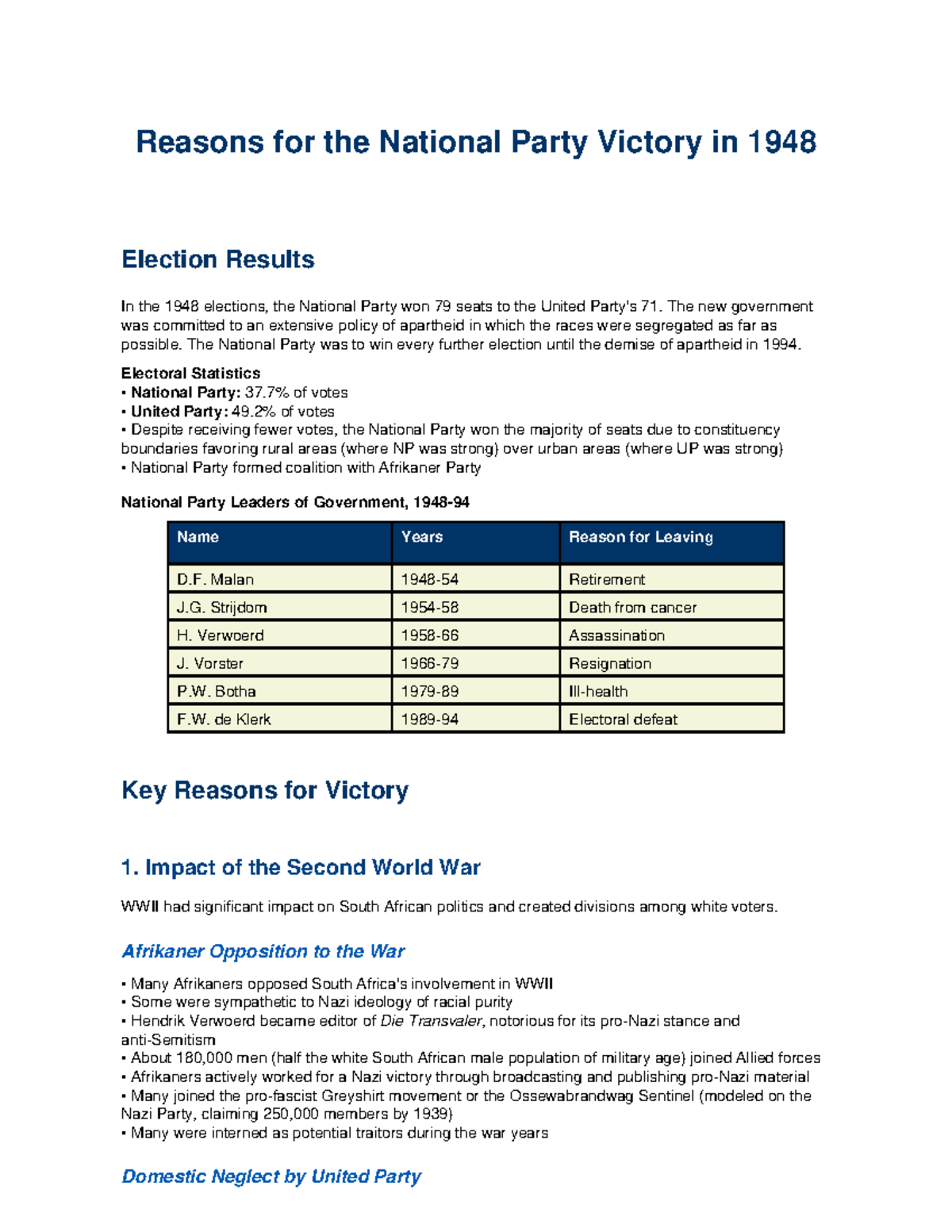National Party Victory in 1948: Key Factors and Implications - Studocu