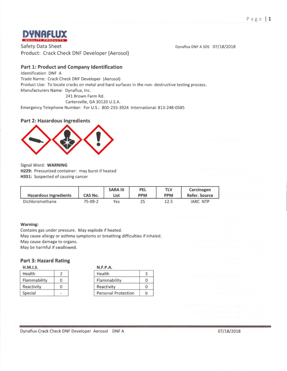 Safety Data Sheet: Dynaflux DNF A Crack Check Developer Aerosol - Studocu