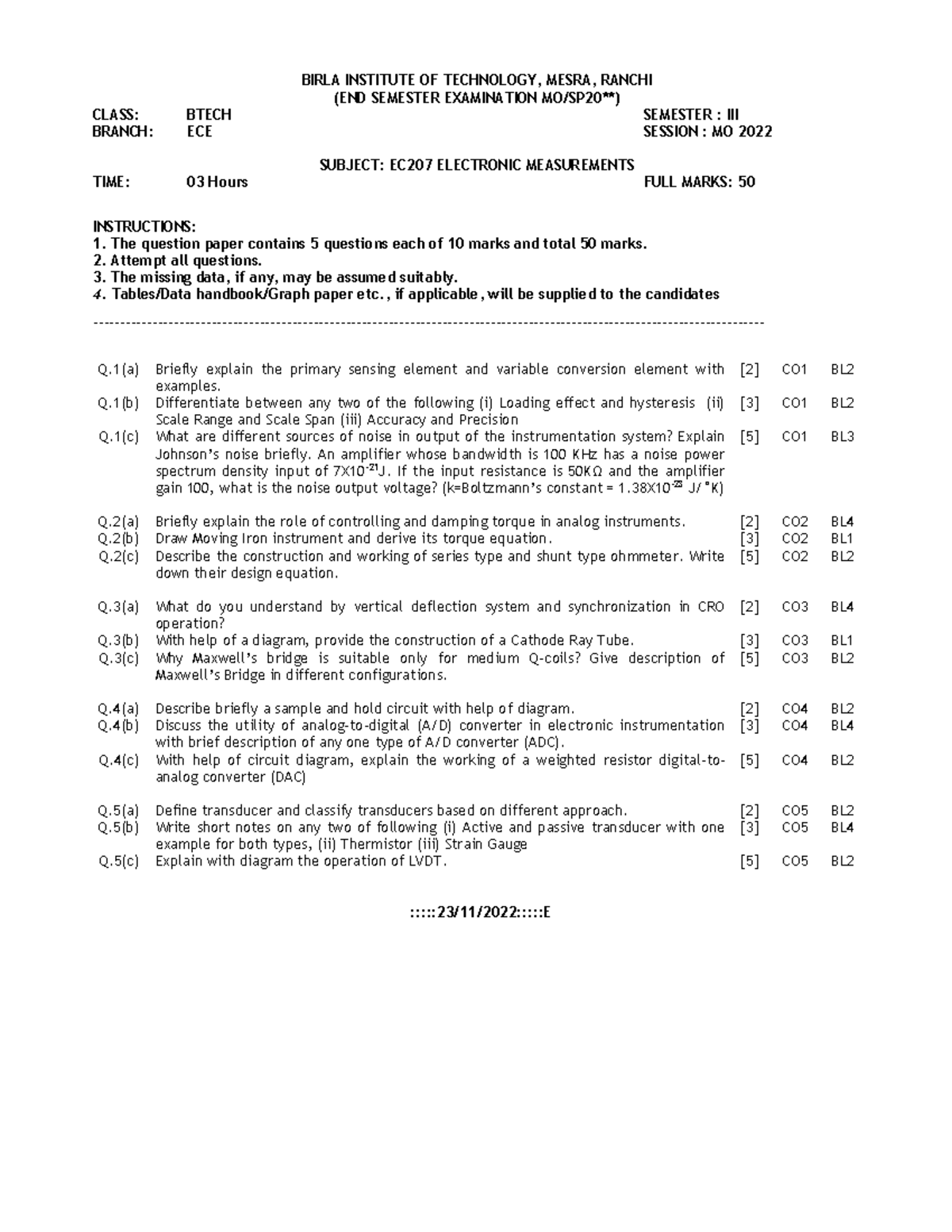EC207 Electronic Measurements (End Sem Exam MO 2022) - Studocu