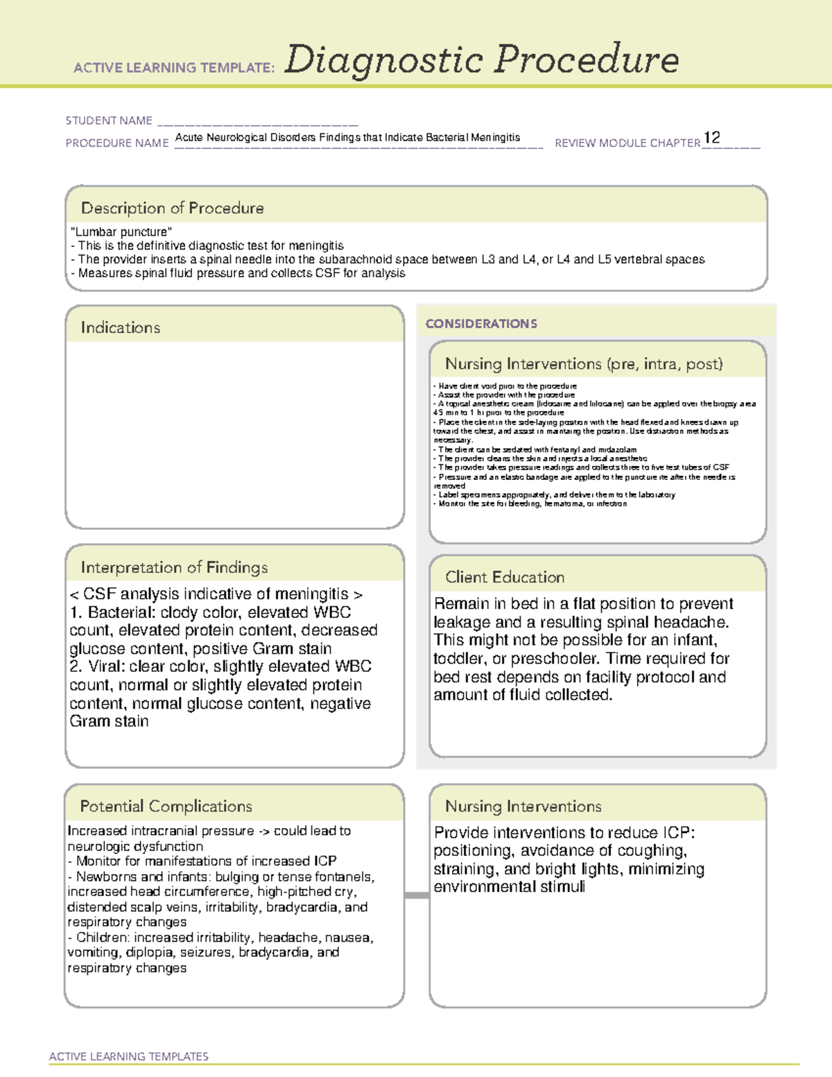 ATI Remediation: Active Learning Template for Bacterial Meningitis ...