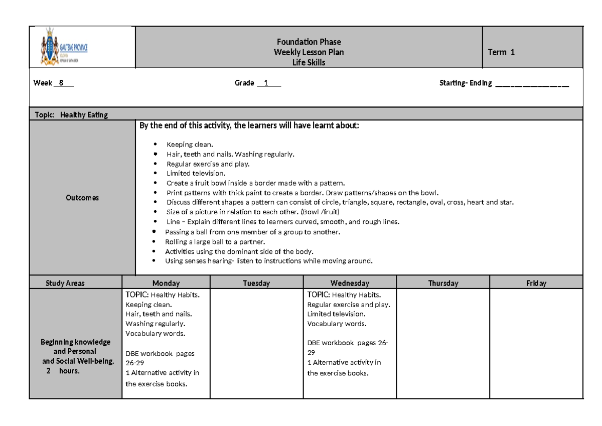 Grade 1 Term 1 Lifeskills Weekly Lesson Plan: Healthy Eating - Week 8 ...