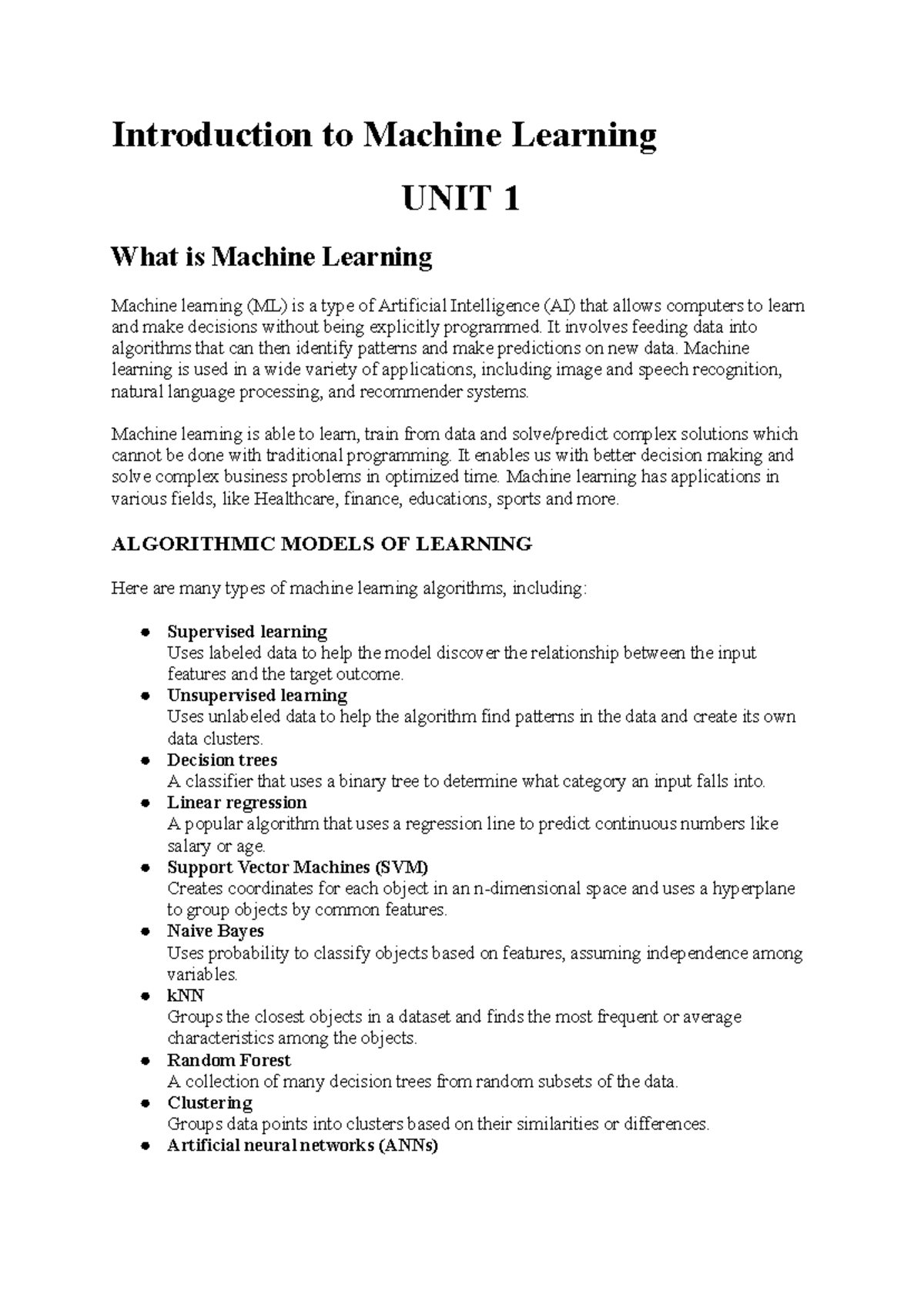Machine Learning Unit 1 Overview - B.Sc AI&ML - Studocu