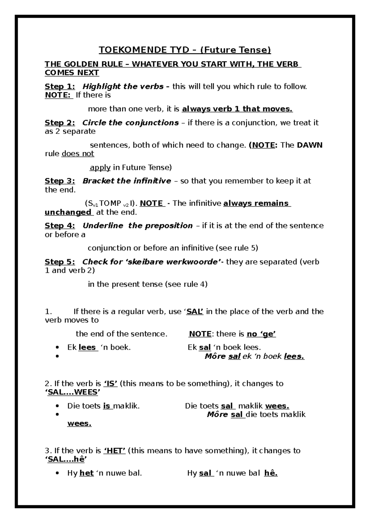 Toekomende Tyd (Future Tense) - Rules and Examples for Mastery - Studocu