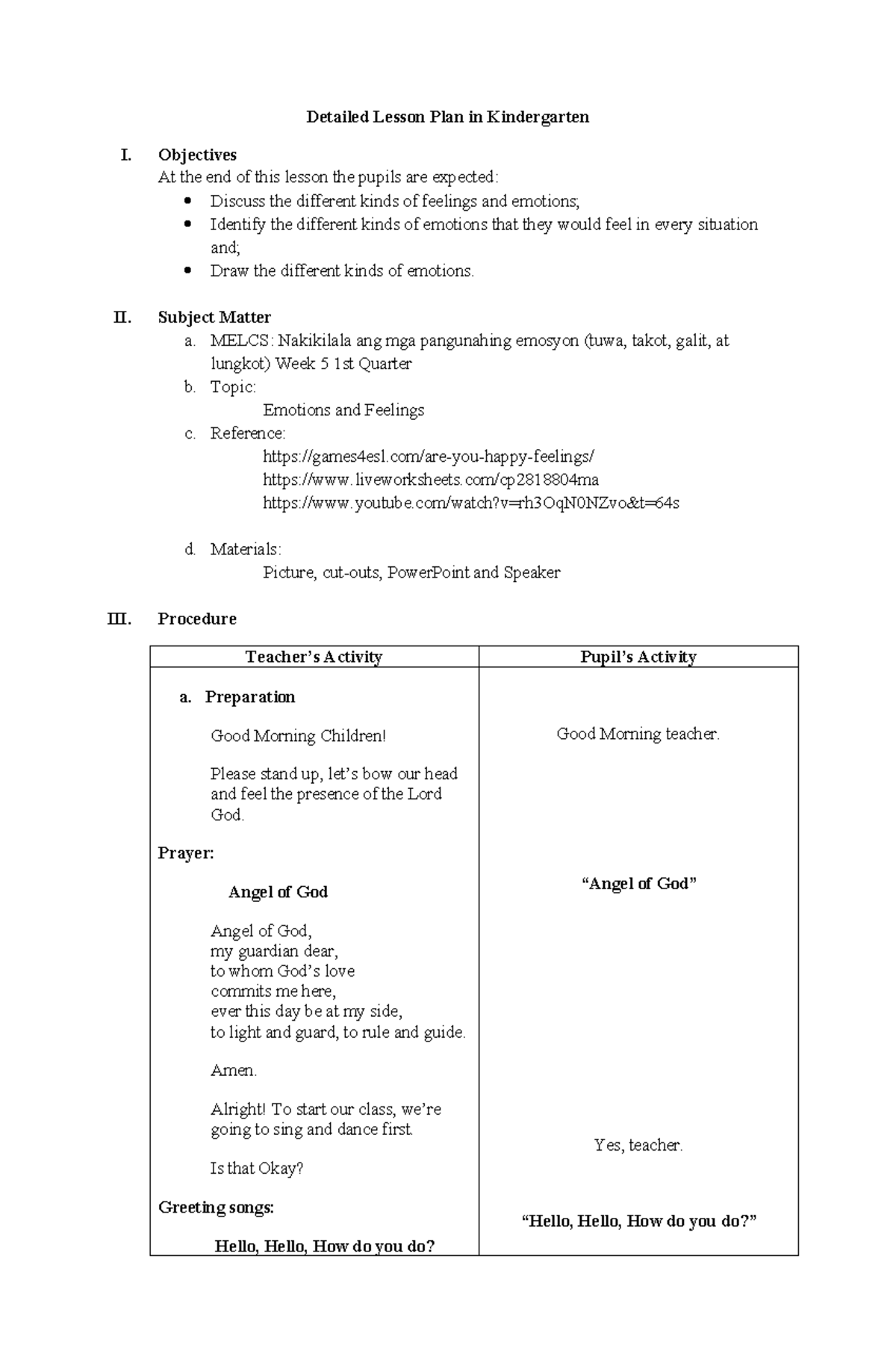 Kindergarten Lesson Plan: Understanding Emotions and Feelings - Studocu