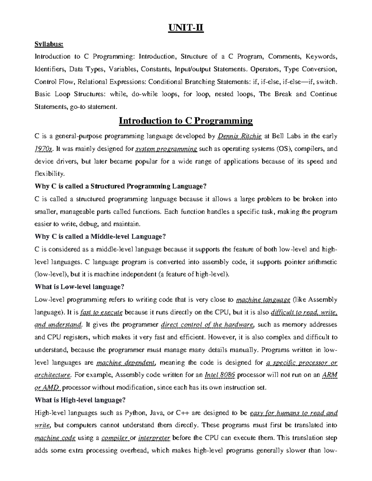 Unit 2 Notes: Intro to C Programming Concepts and Structures - Studocu